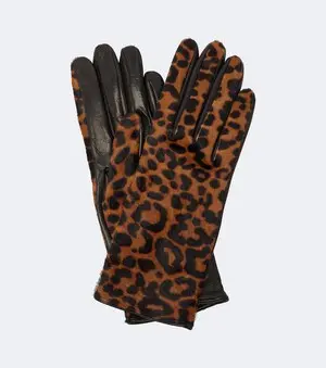 Nour Hammour Leopard-print Calf Hair And Leather Gloves - Brown