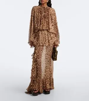XU ZHI Leopard-print Ruffed Silk Maxi Skirt