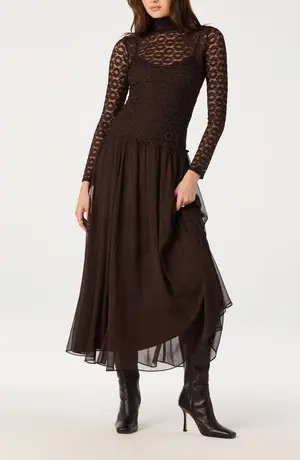 Astr The Label Camila Lace Mock Neck Midi Dress - Espresso