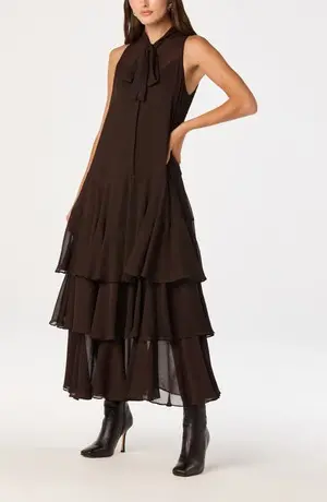 Astr The Label Katheryn Tie Neck Tiered Midi Dress