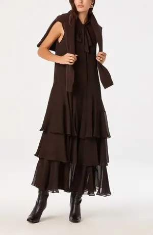 Astr The Label Katheryn Tie Neck Tiered Midi Dress