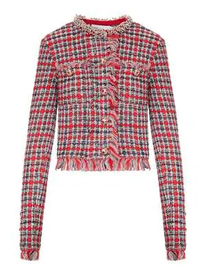 SELF-PORTRAIT Tweed Short Jacket With Jewel Collar - Multicolor