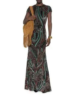 Etro Long Paisley Print Dress With Short Sleeves - Multicolor
