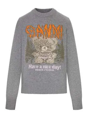 GANNI Crewneck Knit Sweater With Front Graphic Intarsia - Multicolor