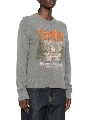 GANNI Crewneck Knit Sweater With Front Graphic Intarsia - Multicolor