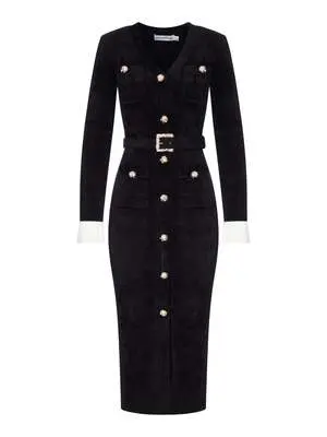 SELF-PORTRAIT Velvet Midi Dress With Jewel Buttons And Belt - Black