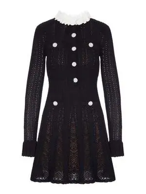 SELF-PORTRAIT Short Dress In Openwork Knit With Floral Collar And Jewel Buttons - Black