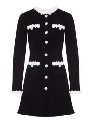 SELF-PORTRAIT Short Ribbed Knit Dress With Floral Profiles And Jewel Buttons - Black