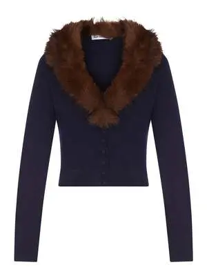 SELF-PORTRAIT Short Knit Cardigan With Faux Fur Collar - Blue