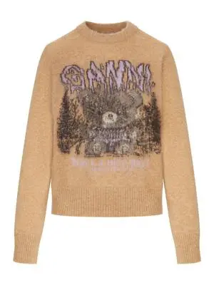 GANNI Crewneck Knit Sweater With Front Graphic Intarsia - Brown
