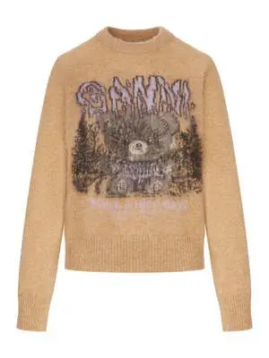 GANNI Crewneck Knit Sweater With Front Graphic Intarsia - Brown