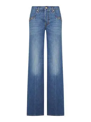 Gucci Cotton Denim Bootcut Trousers With Horsebit Detail - Blue