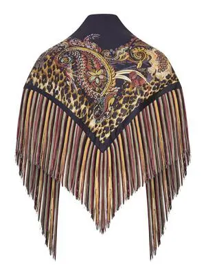 Etro Printed Silk Scarf With Multicolored Fringe - Black