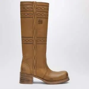 Miu Miu Embroidered Leather Boots In Cuoio