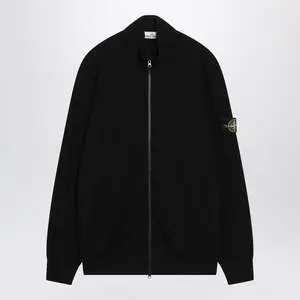Stone Island Zip-up Sweater In Pure Wool - Black