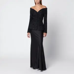 SELF-PORTRAIT Long Dress In Metallic Boucle Satin - Black
