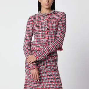 SELF-PORTRAIT Fringed Checked Knit Jacket - Red