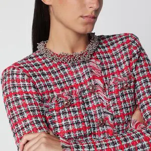 SELF-PORTRAIT Fringed Checked Knit Jacket - Red