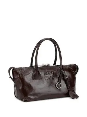 Miu Miu Borsa Tote In Pelle Con Logo In Rilievo - Brown
