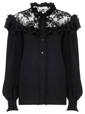 Chloé Blusa A Collo Alto Con Volant In Crêpe De Chine E Pizzo - Black