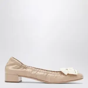 Prada Sand-colored Ballerina Flats With Maxi Bow - Cream