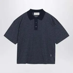 AMI Paris Blue/white Striped De Coeur Polo - Black