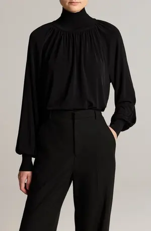 Vince Rib Trim Gathered Long Sleeve Top - Black