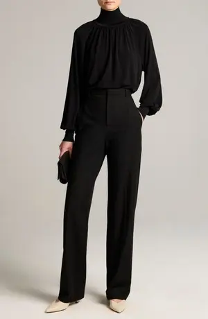 Vince Rib Trim Gathered Long Sleeve Top