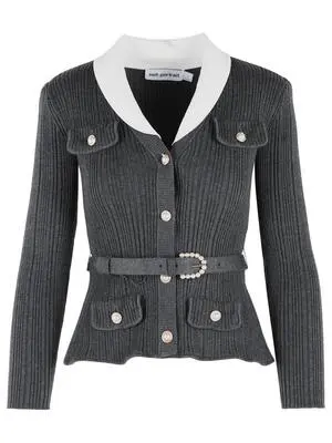 SELF-PORTRAIT Self Portrait Ribbed Cardigan In Grey Viscose Blend Women Gray