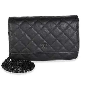 Chanel Crumpled Quilted Calfskin Wallet On Chain - Black