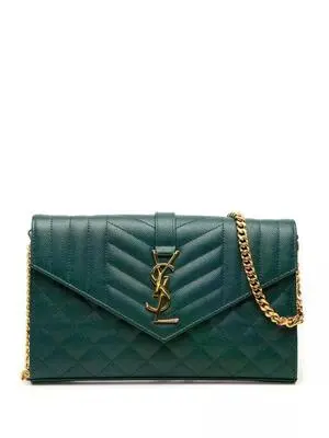Saint Laurent 2021 Grain De Poudre Triquilt Monogram Envelope Wallet On Chain Crossbody Bag - Green