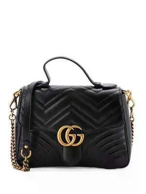 Gucci Gg Marmont Top Handle Flap Bag Matelasse Leather Small Satchel - Black