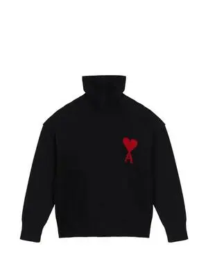 AMI Paris Funell-neck Wool Sweater With De Coeur