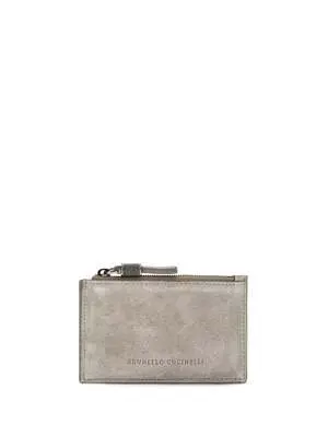 Brunello Cucinelli Suede Card Holder With Shiny Zipper Pull - Gray