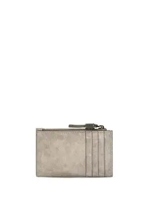 Brunello Cucinelli Suede Card Holder With Shiny Zipper Pull - Gray