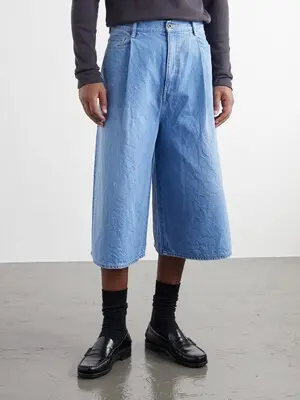 Kapital Wide-leg Pleated Denim Shorts