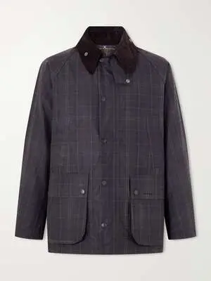 Barbour Checked Corduroy-trimmed Waxed-cotton Jacket - Navy