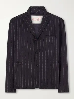 KARDO Somesh Embroidered Striped Herringbone Cotton Suit Jacket - Blue