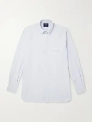 DRAKE'S Button-down Collar Striped Cotton Oxford Shirt - Blue