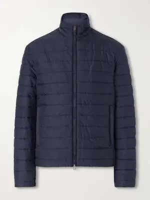 Canali Leather-trimmed Quilted Shell Bomber Jacket - Navy