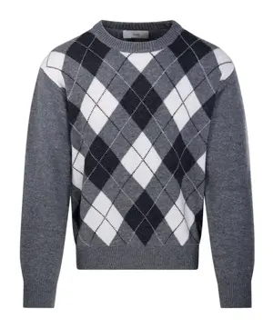 DUNST Argyle Crew Neck Knitted Sweater - Grey