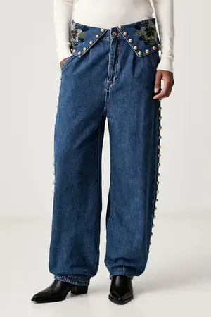 Farm Rio Stud-embellished Floral-embroidered Jeans