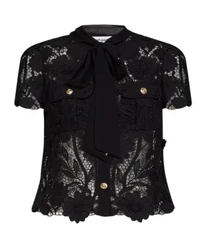 SELF-PORTRAIT Lace Tie Neck Top - Black