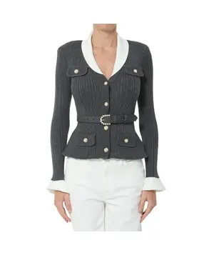 SELF-PORTRAIT Ribbed-knit Cardigan With A Cinched Waist - Dark Gray