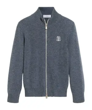 Brunello Cucinelli Cashmere Cardigan With Zipper And Logo - Sky-blue
