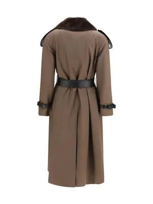Burberry Long Cotton Trench Coat With Buffalo Leather Collar - Brown