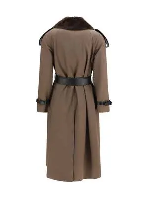 Burberry Long Cotton Trench Coat With Buffalo Leather Collar