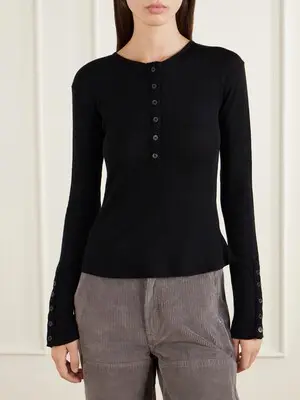 MFPEN Ribbed Merino Wool-jersey Henley Top - Black