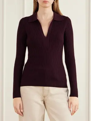 JOSEPH Ribbed Wool-blend Polo Sweater - Brown