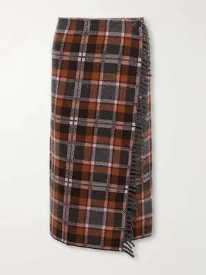 Guest In Residence Tartan Wrap Fringed-detail Wool And Cashmere-blend Midi Skirt - Multi